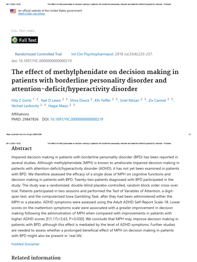 2018 Methylphenidate and Decision Making in ADHD Borderline | PDF ...