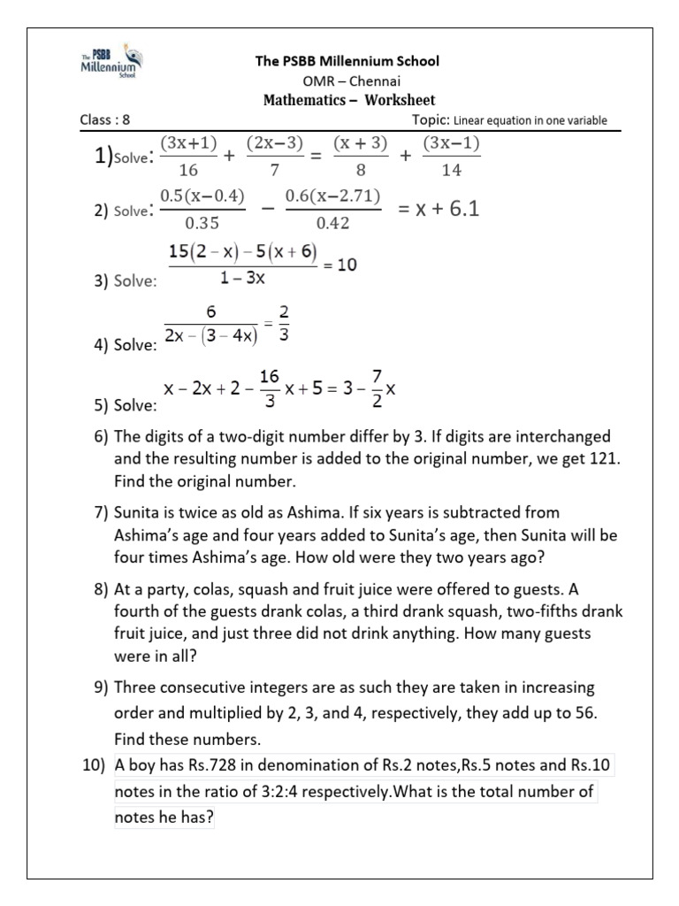 Class 8 Linear Equations Worksheet | PDF