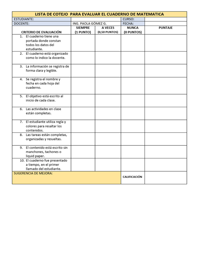 Rúbrica para Evaluar El Cuaderno de Matematica | PDF