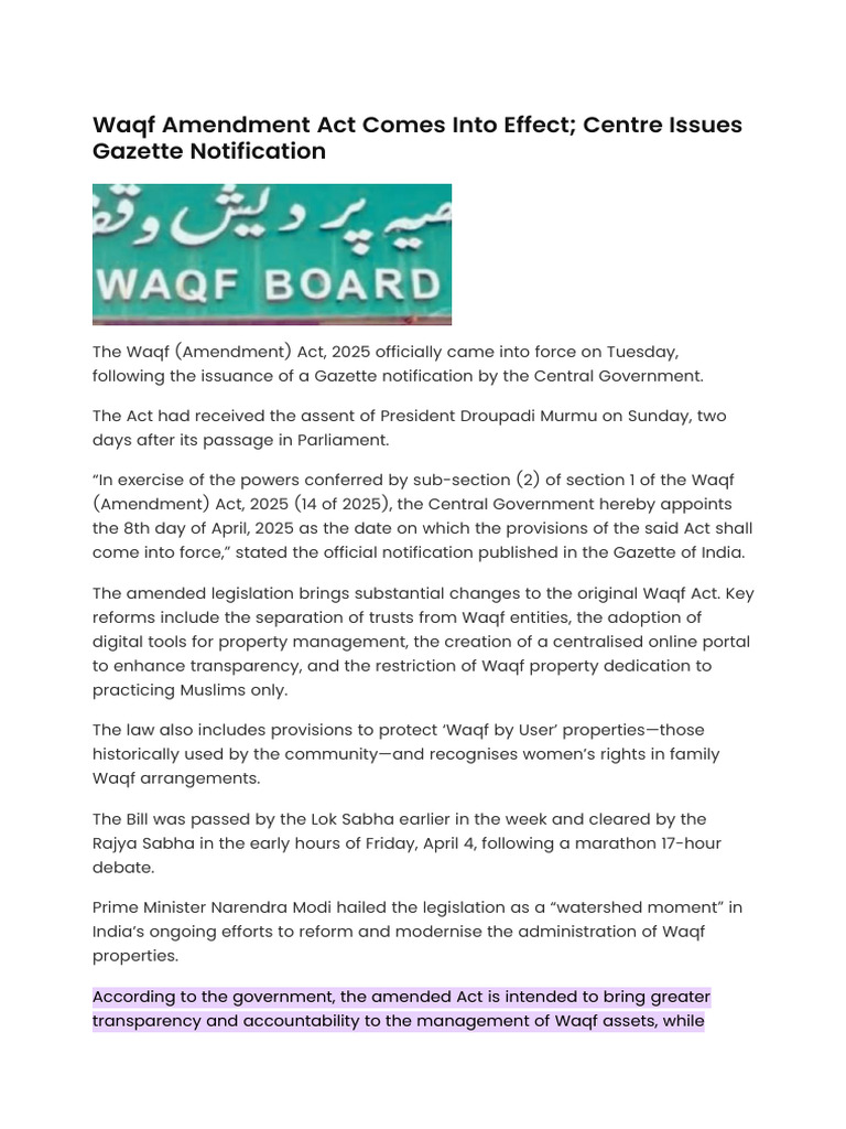 Waqf Amendment Act 2025 Gazette Notification | PDF