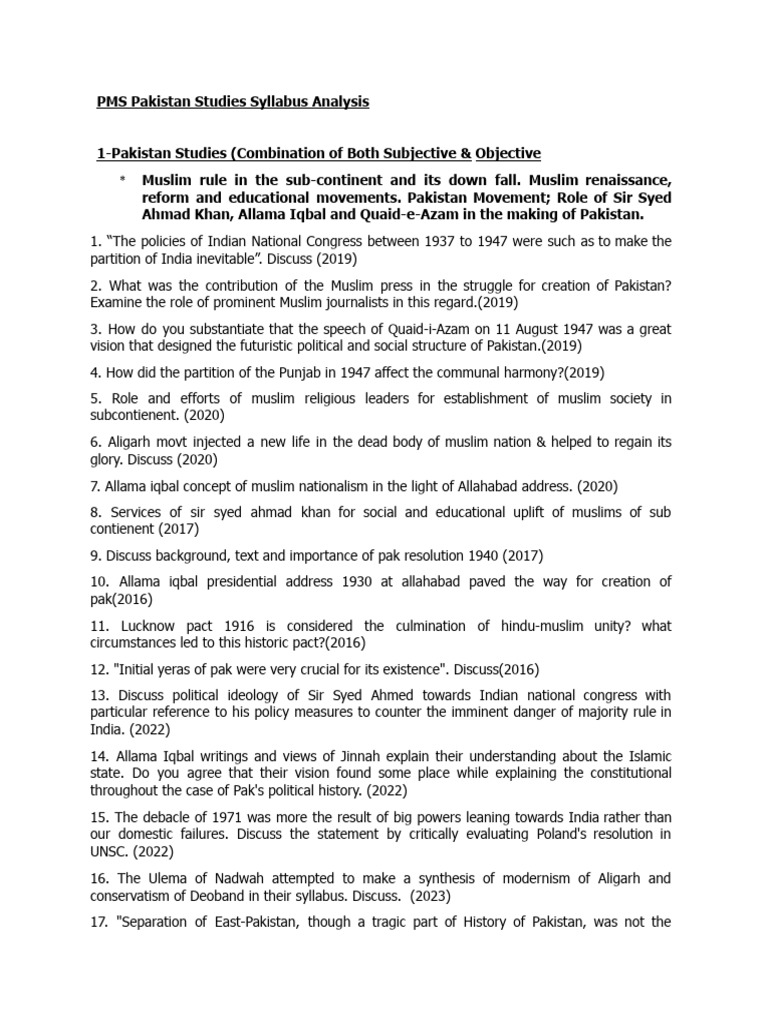 PMS Pakistan Studies Syllabus Analysis | PDF | Pakistan | Pakistan Movement