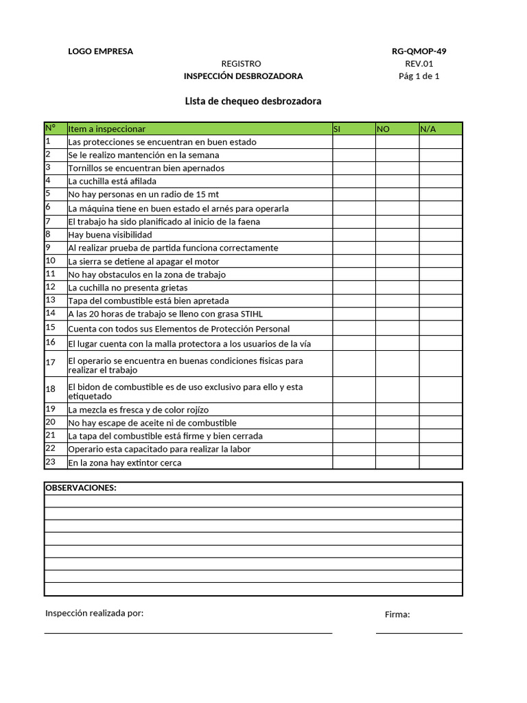 Lista de Chequeo para Inspección de Desbrozadora | PDF