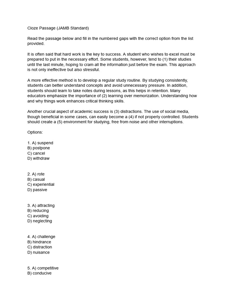 JAMB Cloze Passage Practice Guide | PDF | Disciplines | Teachers