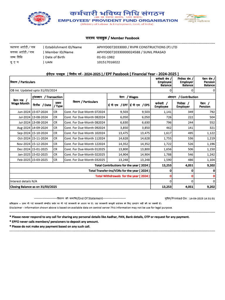 EPF Passbook Summary 2024-2025 | PDF | Employee Benefits | Retirement