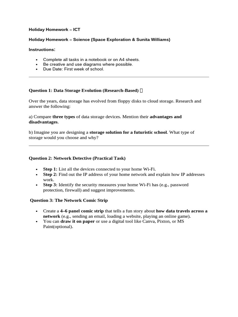 Holiday Homework: ICT & Science Tasks | PDF