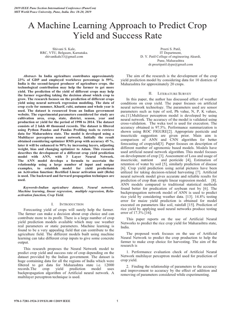 A Machine Learning Approach To Predict Crop Yield and Success Rate ...