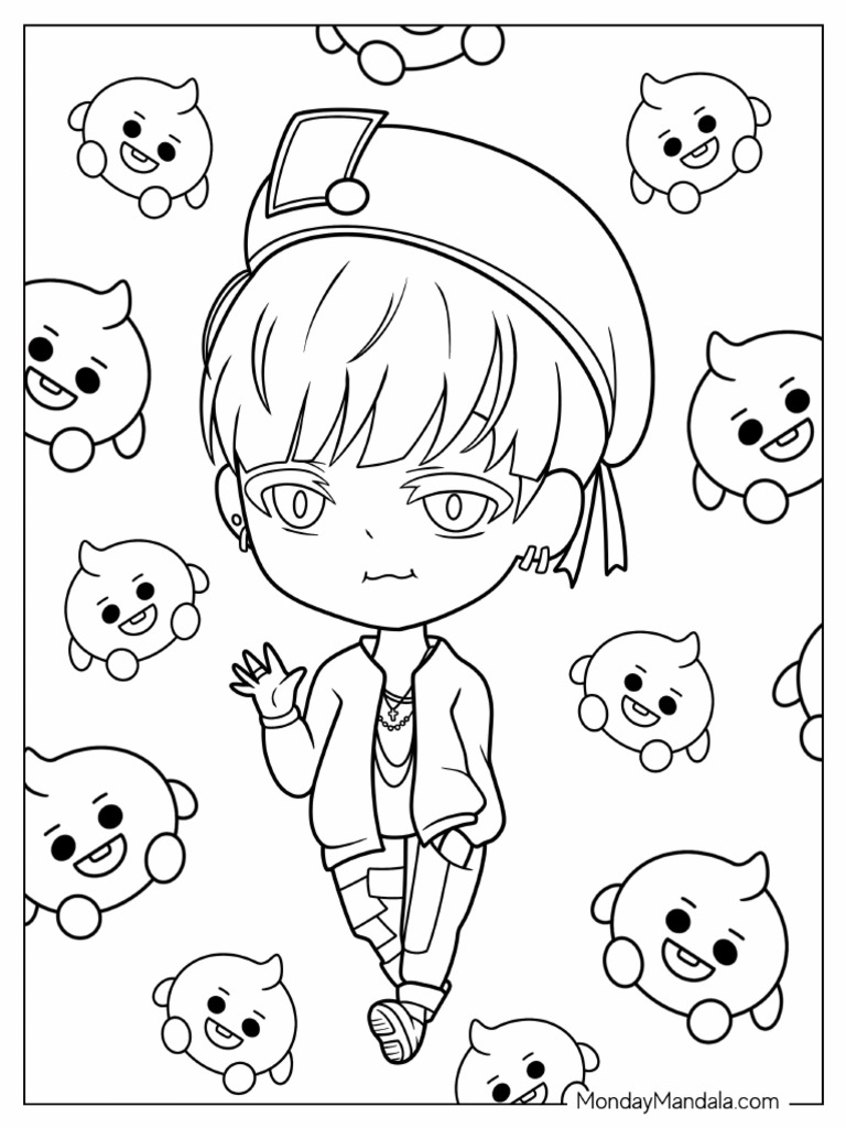 Chibi BTS Suga Waving Coloring Sheet for Preschoolers (1) | PDF