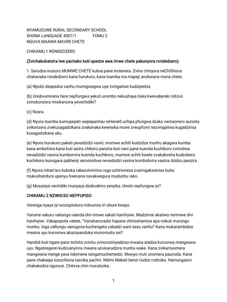 Fomu 2 Shona Paper 1 2024 - 100740 | PDF