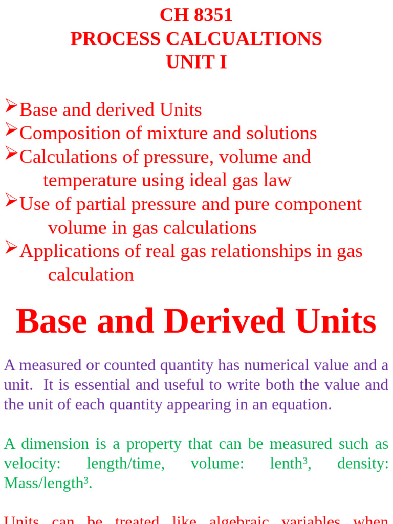 Process Calculations: Units and Dimensions, Composition, Ideal Gas Law ...