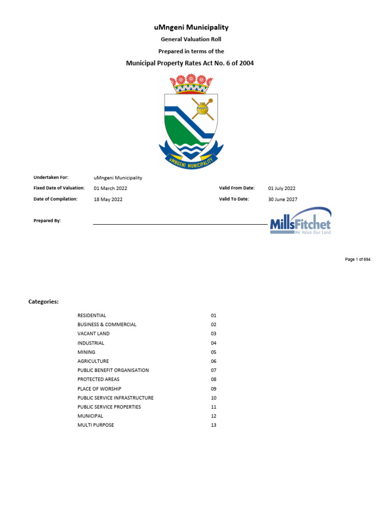 uMngeni Municipality Valuation Roll 2022 | PDF | Valuation (Finance ...