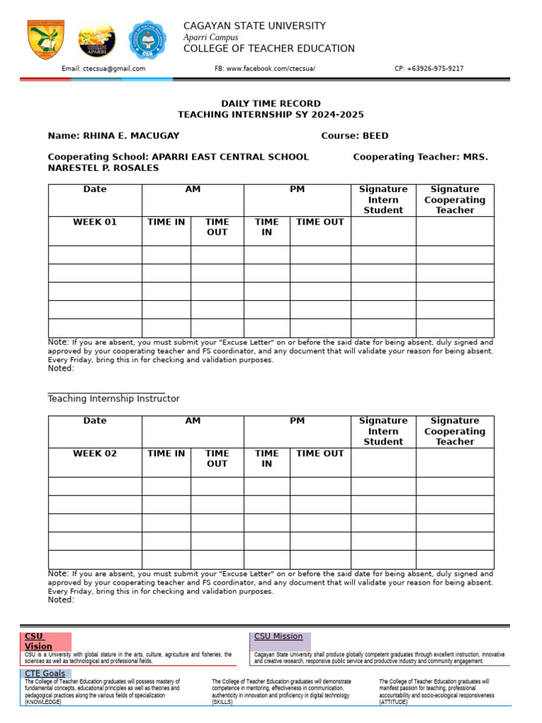 Daily Time Record - Internship | PDF | Teacher Education | Vocational ...
