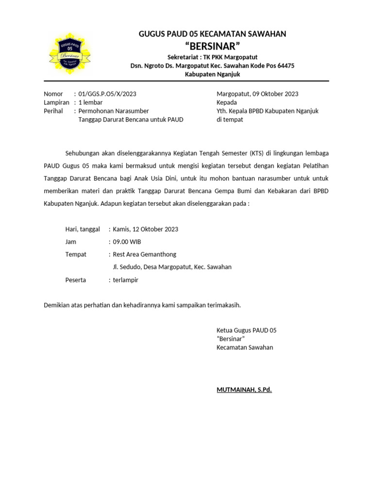 Permohonan Narasumber BPBD untuk PAUD | PDF