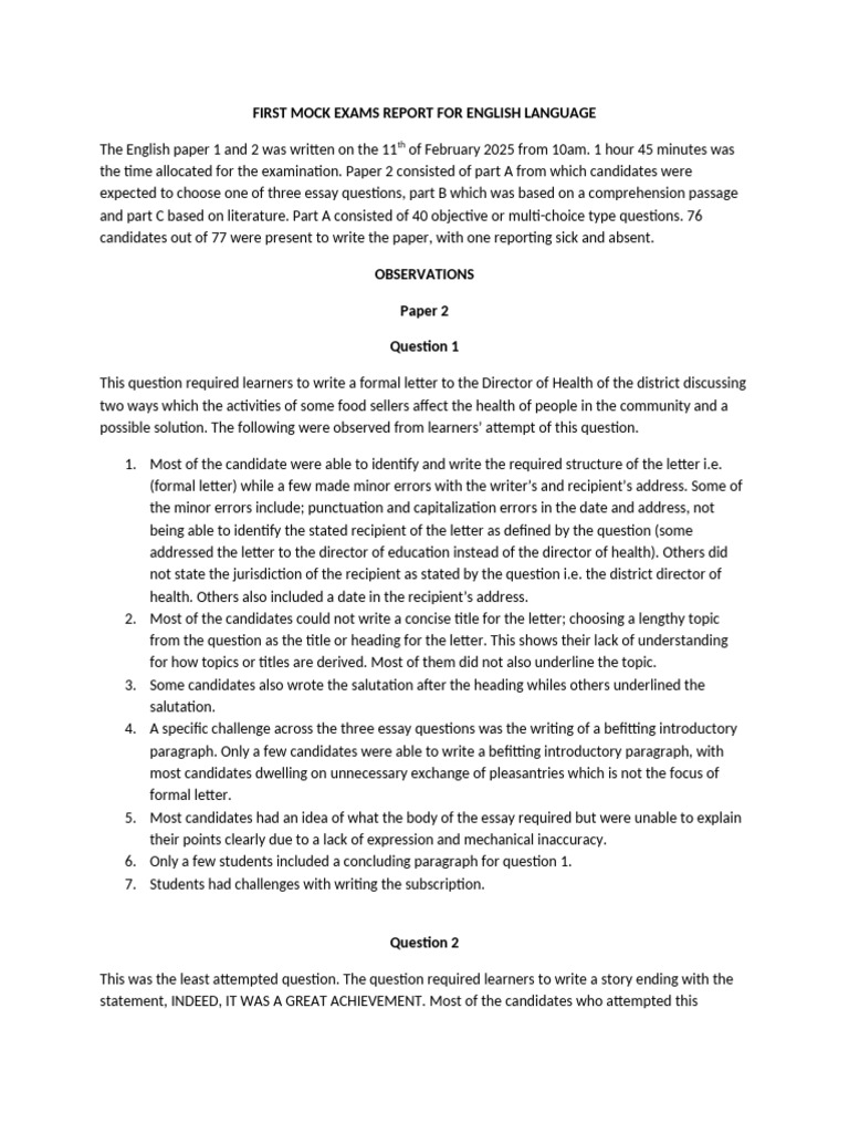 First Mock Exams Report For English Language | PDF | Question | Reading ...