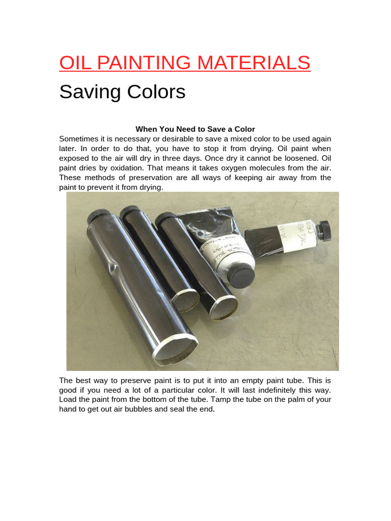 OIL PAINTING MATERIALS Saving Colors | PDF