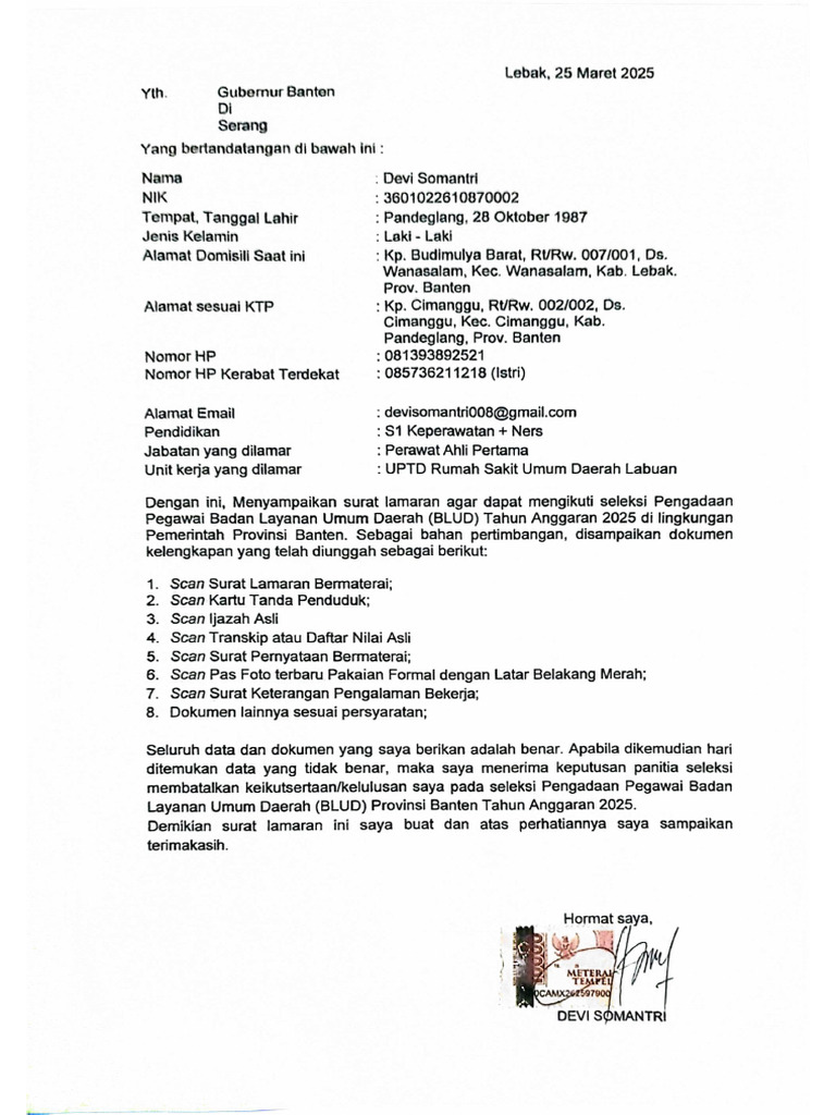 Surat Lamaran Devi Somantri | PDF