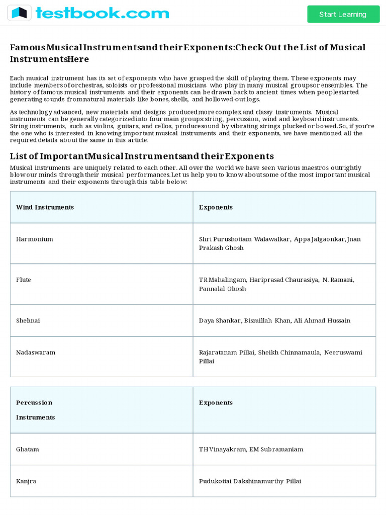 Famous Musical Instruments and Their Exponents - Check Instruments | PDF