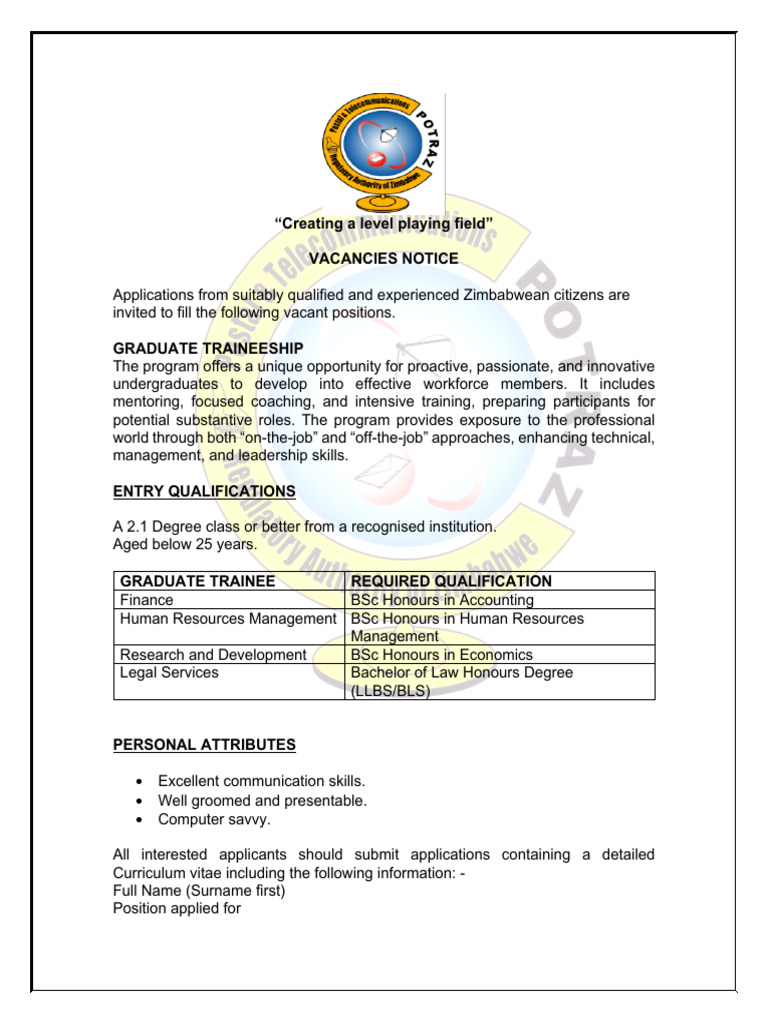 POTRAZ Graduate Trainee JOB ADVERT | PDF
