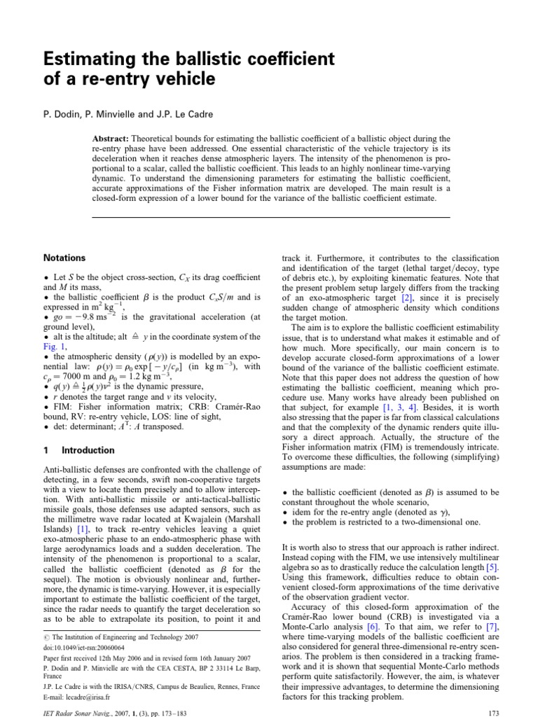 Estimating The Ballistic Coefficient of A Re-Entry Vehicle | PDF ...