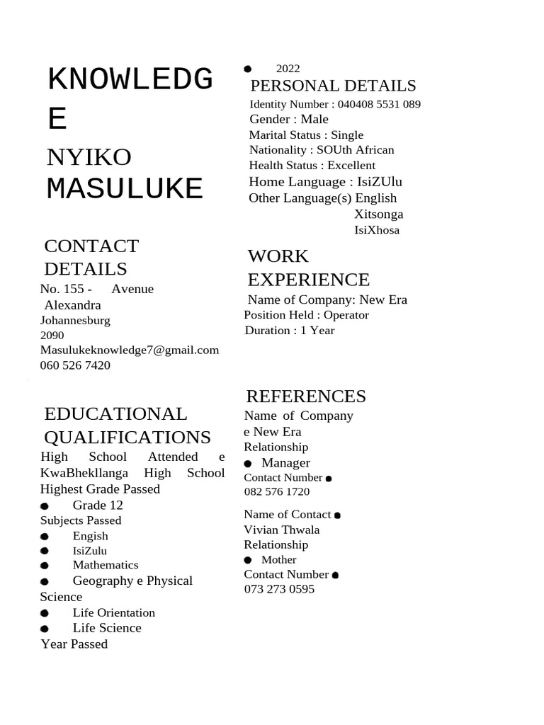 Nyiko Masuluke's CV and Contact Info | PDF