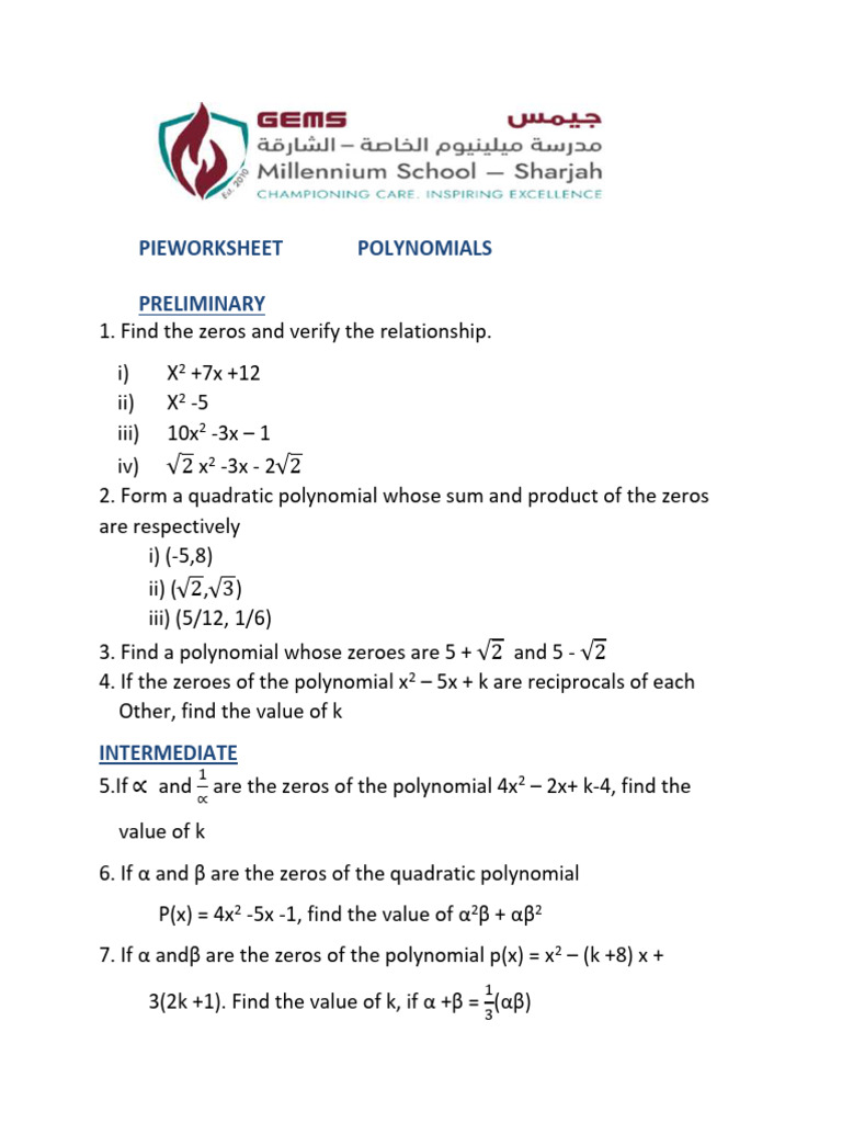 Pieworksheet Polynomials | PDF