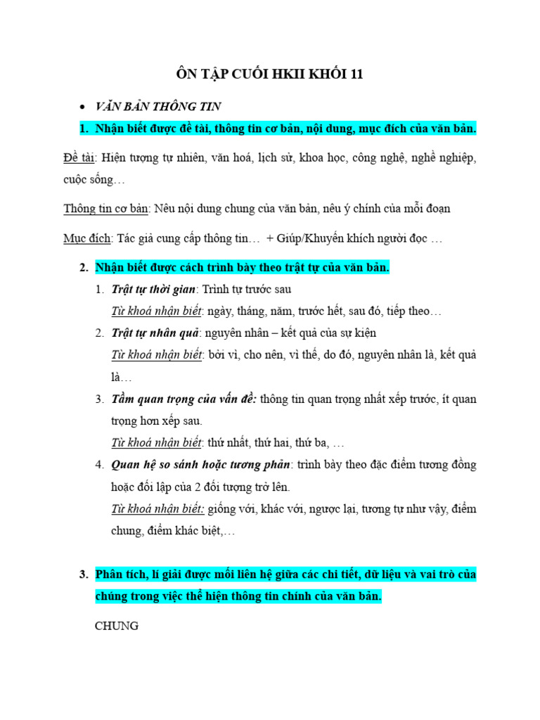 ÔN TẬP CUỐI HKII KHỐI 11 - VĂN BẢN THÔNG TIN | PDF