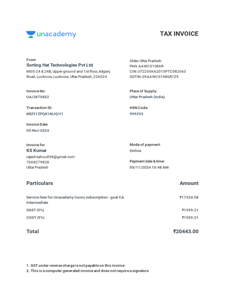 Tax Invoice for Unacademy Subscription | PDF