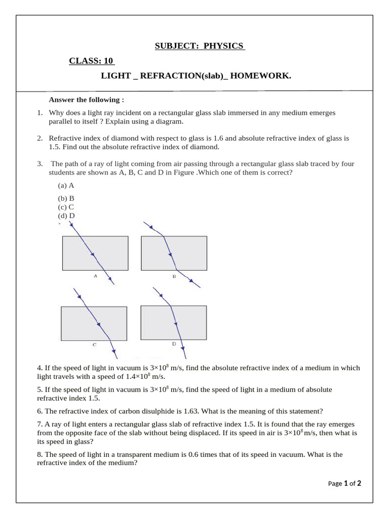 Class 10 Physics: Light Refraction Homework | PDF