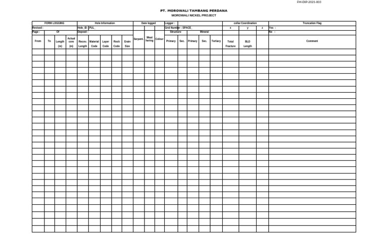 FM-EXP-2012-003 - Core Logging Nickel Project | PDF