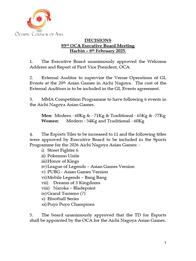 Decisions - 93 OCA EB Meeting Harbin | PDF | Multi Sport Events ...
