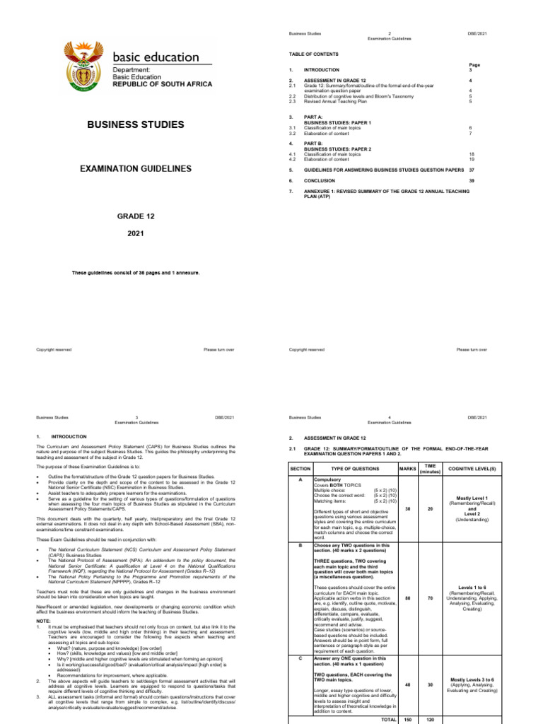 Business Studies GR 12 Exam Guidelines 2021 Eng | PDF | Educational ...