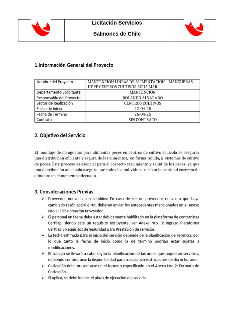FORMATO LICITACION TRABAJOS MANTENCION LINEAS ALIMENTACION CENTROS AGUA-202504141627439460 | PDF ...