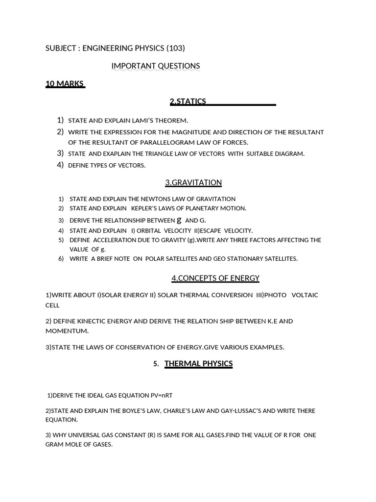 Engg Physics Imp 10 Marks Question | PDF | Gases | Motion (Physics)