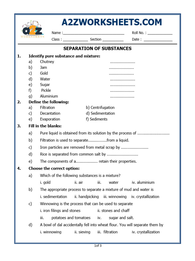 Separation of Substances Worksheet | PDF | Mixture | Filtration