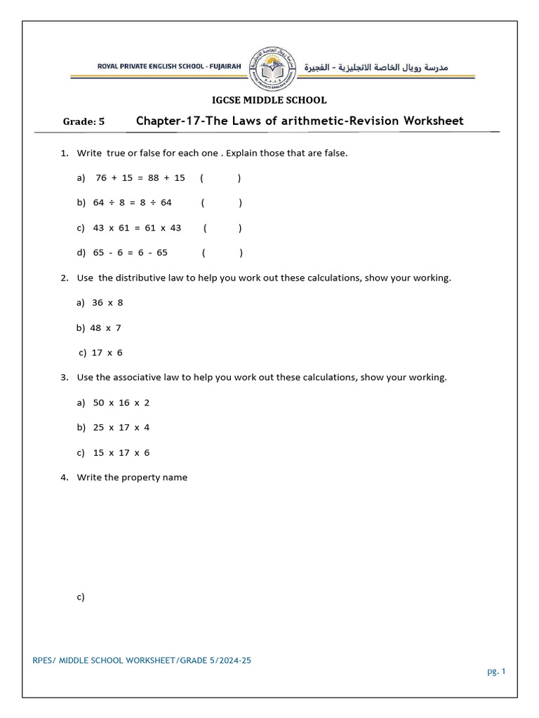 Grade 5 Laws Of Arithmetic Worksheet Pdf