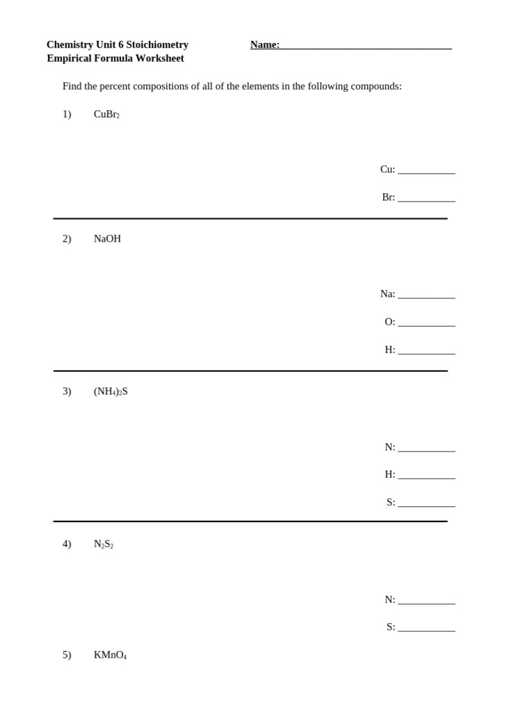 Empirical Formula and Stoichiometry Worksheet | PDF | Mole (Unit ...