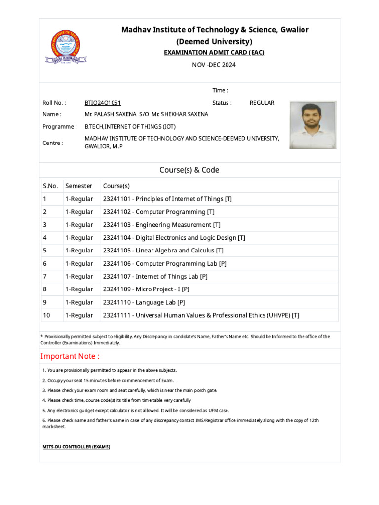 MITS Gwalior Exam Admit Card Nov-Dec 2024 | PDF