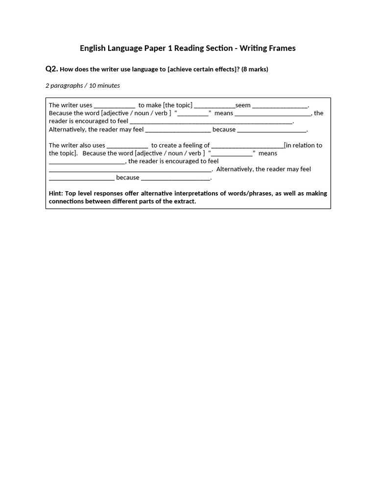 Writing Frame for English Paper 1 Q2 | PDF