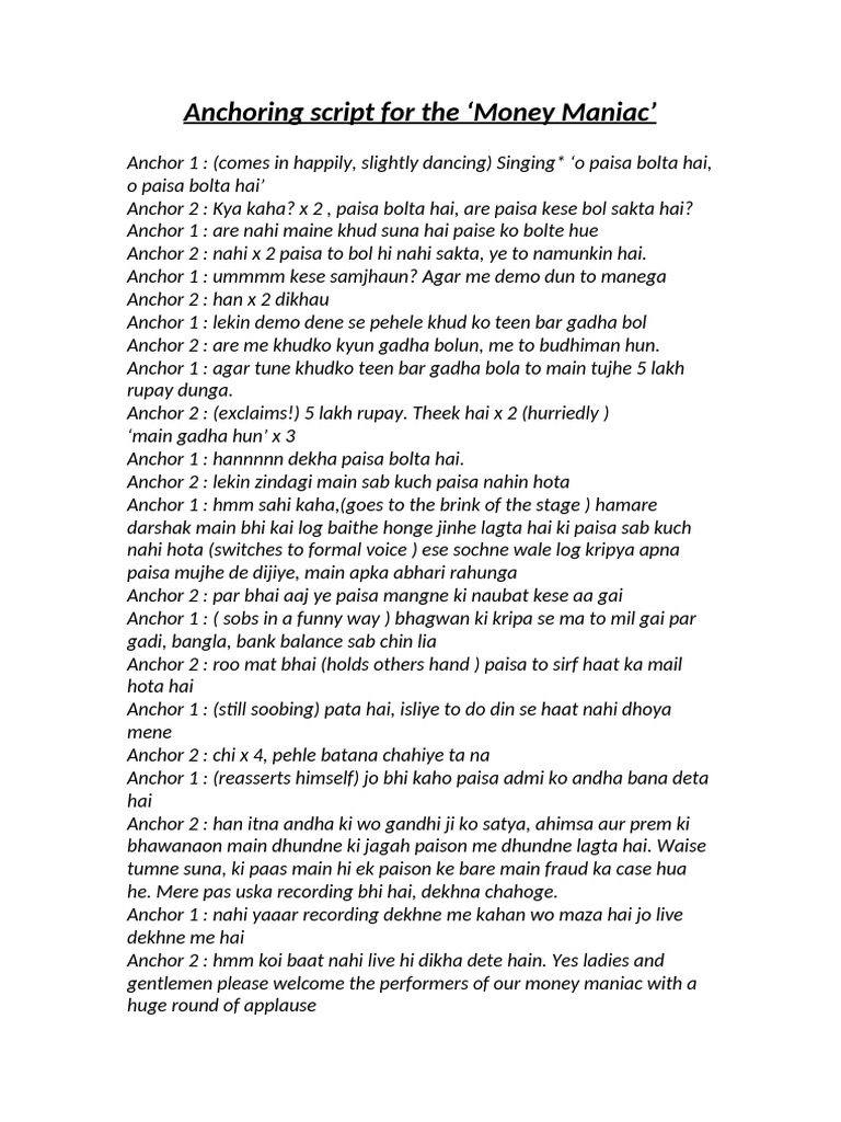 Anchoring Script For Annual Function (Money Maniac) | PDF