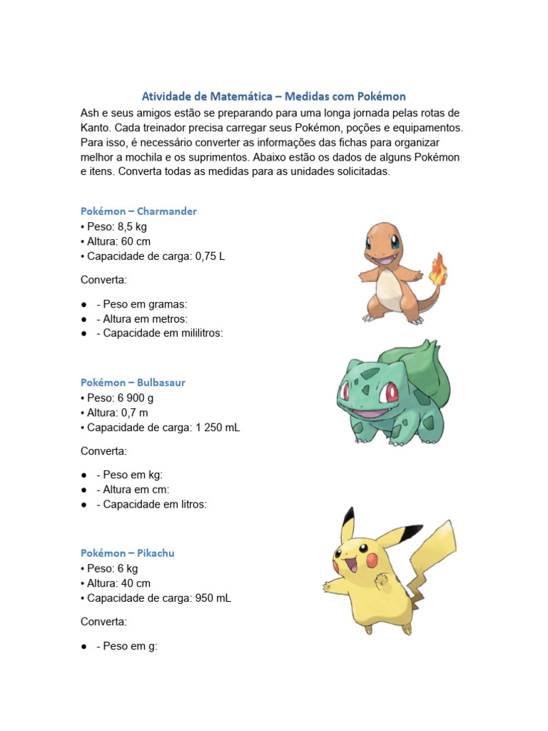 Atividade Matemática com Pokémon | PDF