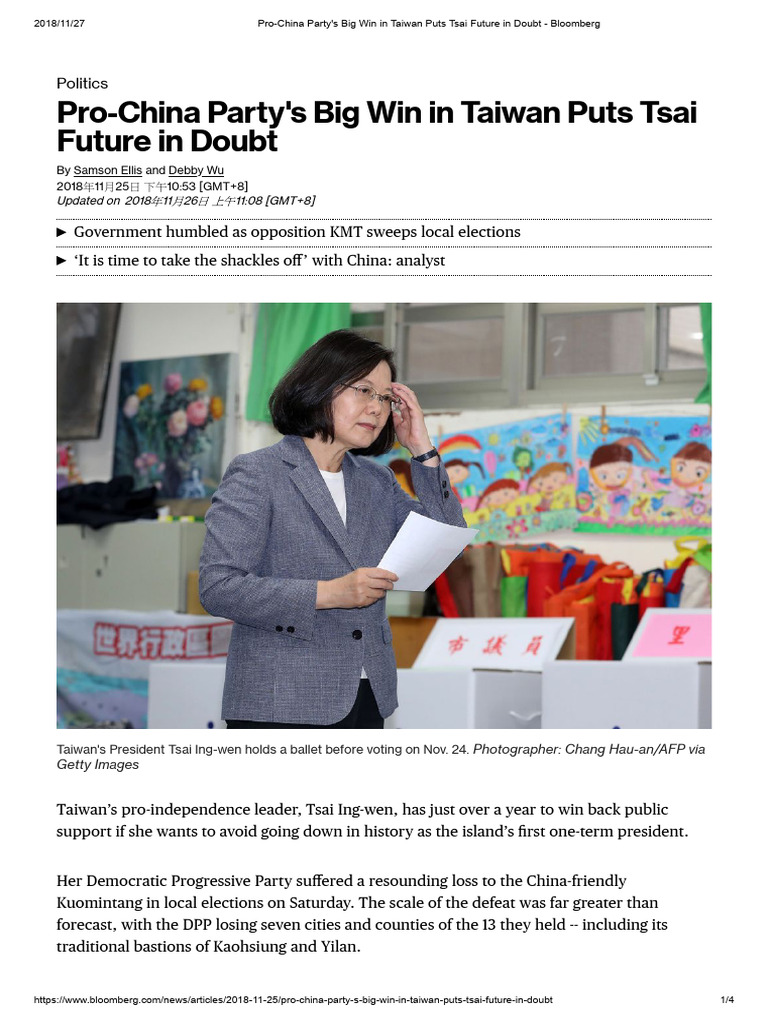 Pro-China Party's Big Win in Taiwan Puts Tsai Future in Doubt - Bloomberg | PDF | Taiwan ...