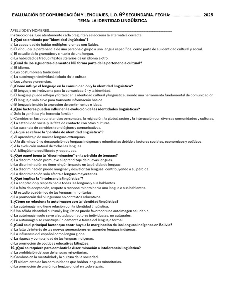 Eval Comunic y Leng 6º 2025 | PDF | Multilingüismo | Lingüística
