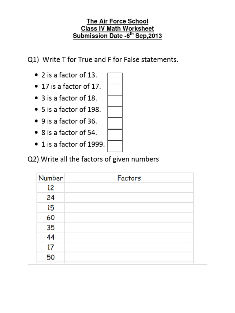 CBSE Class 4 Maths Factor Worksheet Set A | PDF