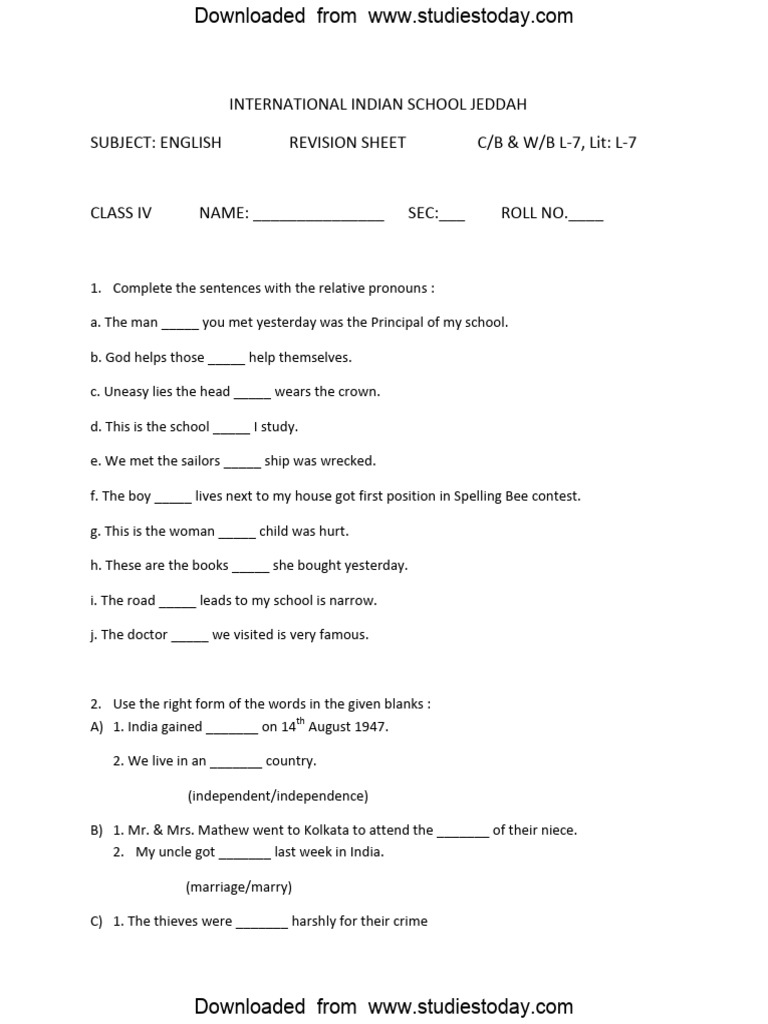 CBSE Class 4 English Revision Worksheet Set A | PDF