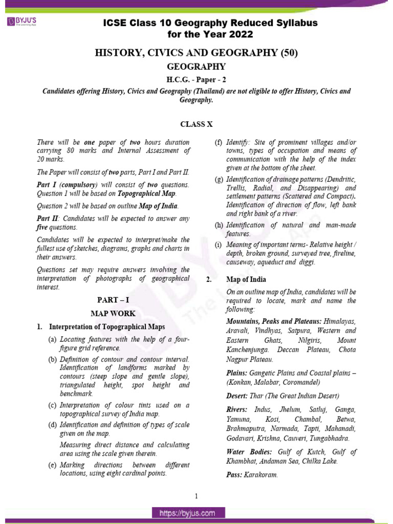 Reduced ICSE Class 10 Geography Syllabus For Examination 2022 1 | PDF ...