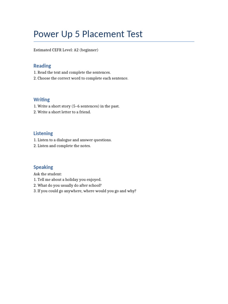 Power Up 5 Placement Test Guide | PDF