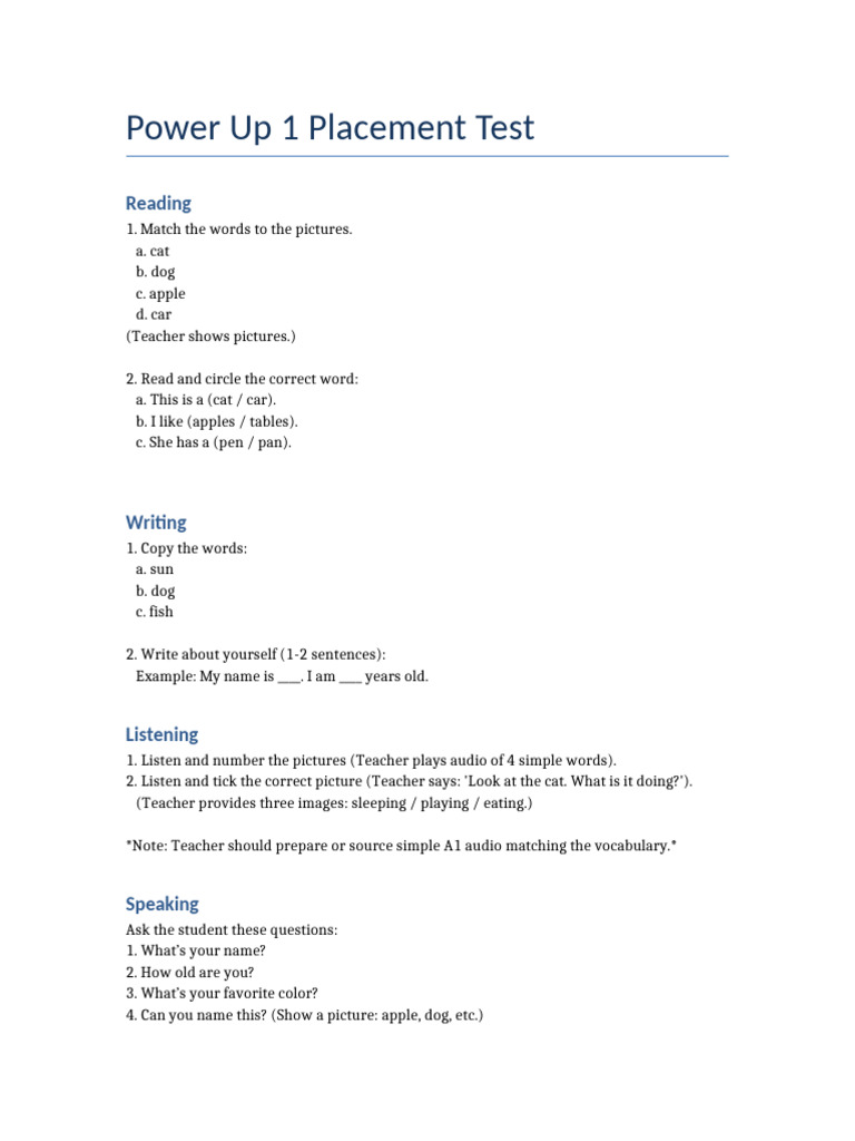 Power Up 1 Placement Test Guide | PDF