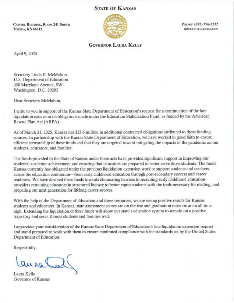 Gov. Kelly Letter To Sec. McMahon | PDF
