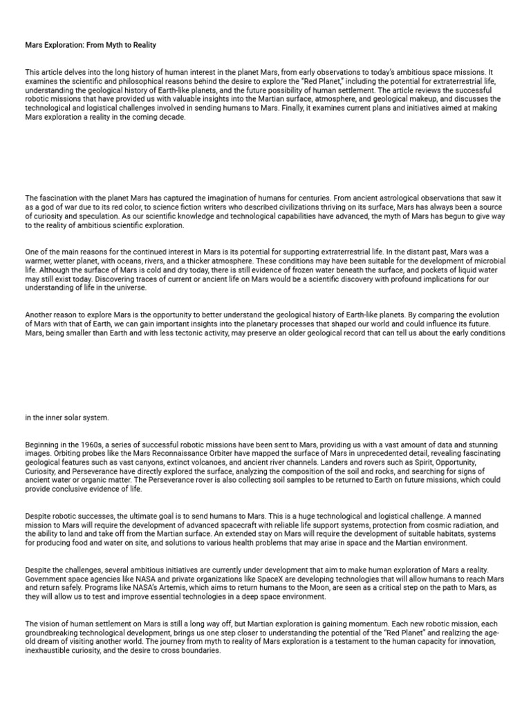 Mars Exploration: From Myth To Reality | PDF | Mars | Exploration Of Mars