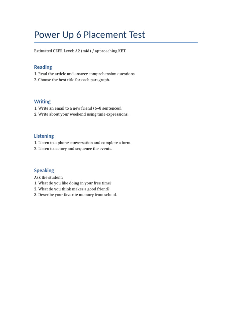 Power Up 6 Placement Test | PDF