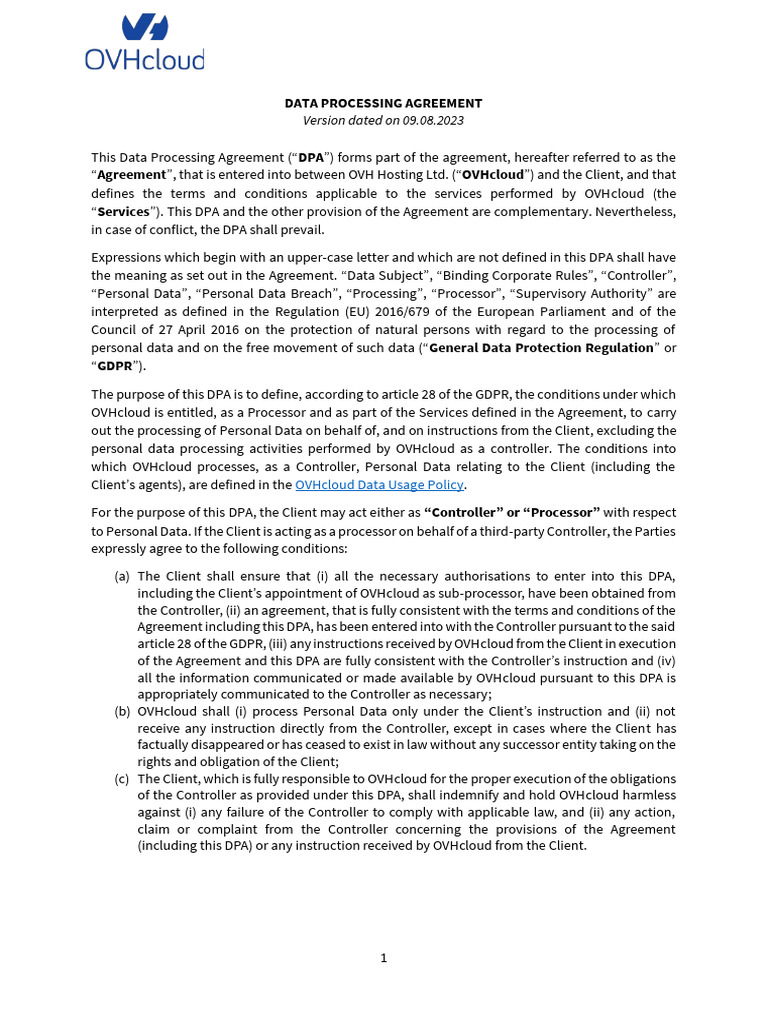 5cec77c-OVH Data Protection Agreement-IE-6.2 | PDF